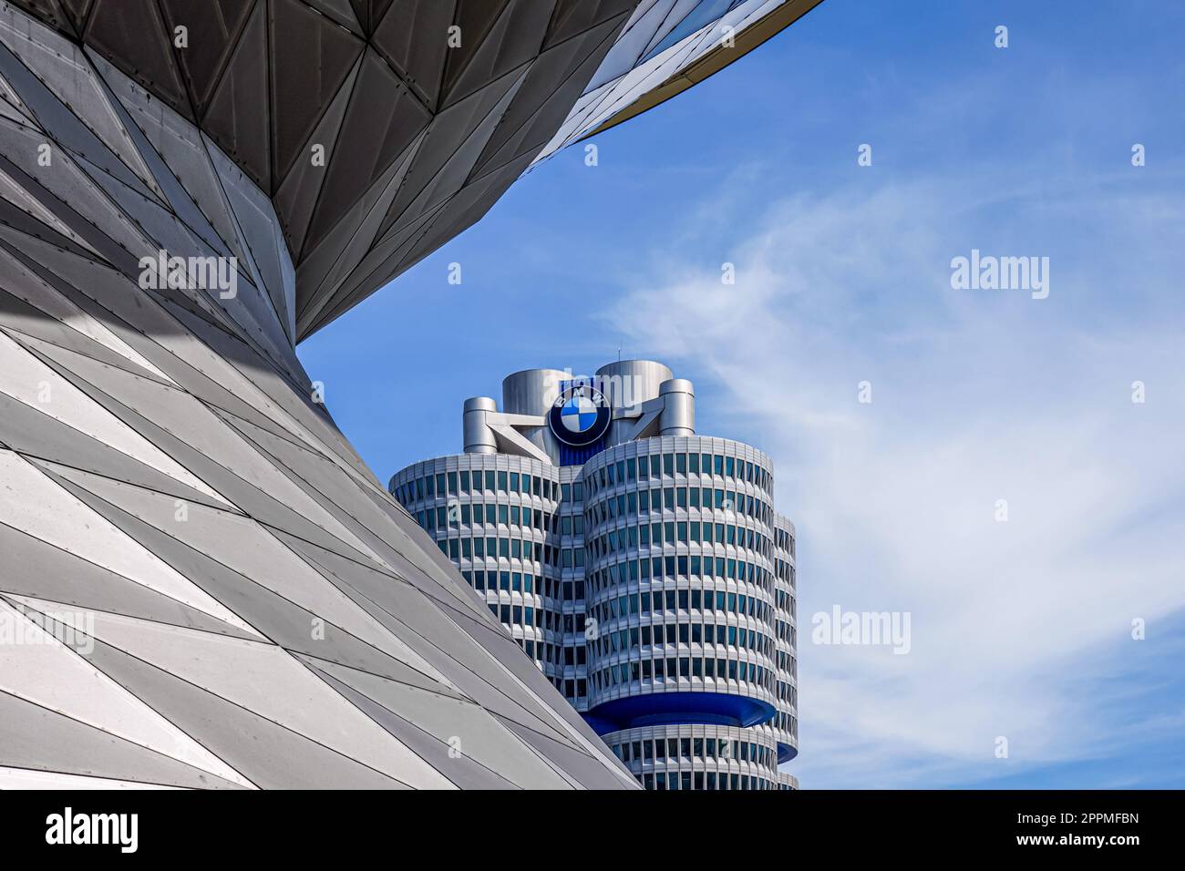 View of the BMW Tower, the BMW headquarters from the BMW Welt. Munich ...