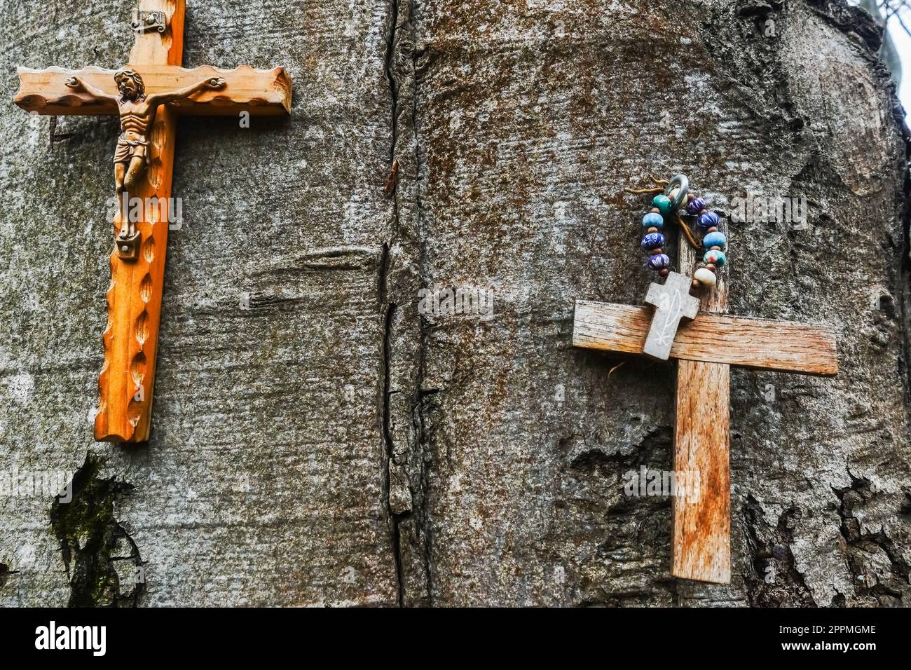 two wooden crosses with jesus on a single tree Stock Photo - Alamy
