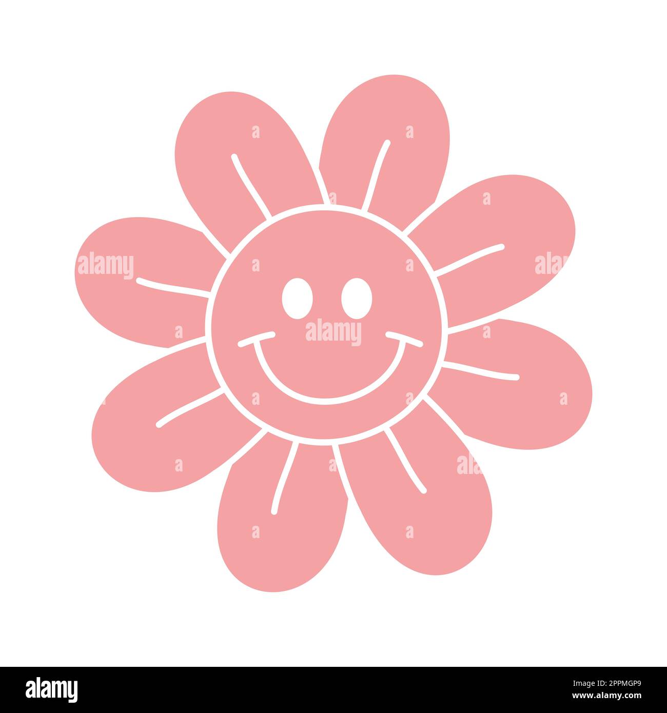 Vector groovy retro pink flower with face isolated on white background ...