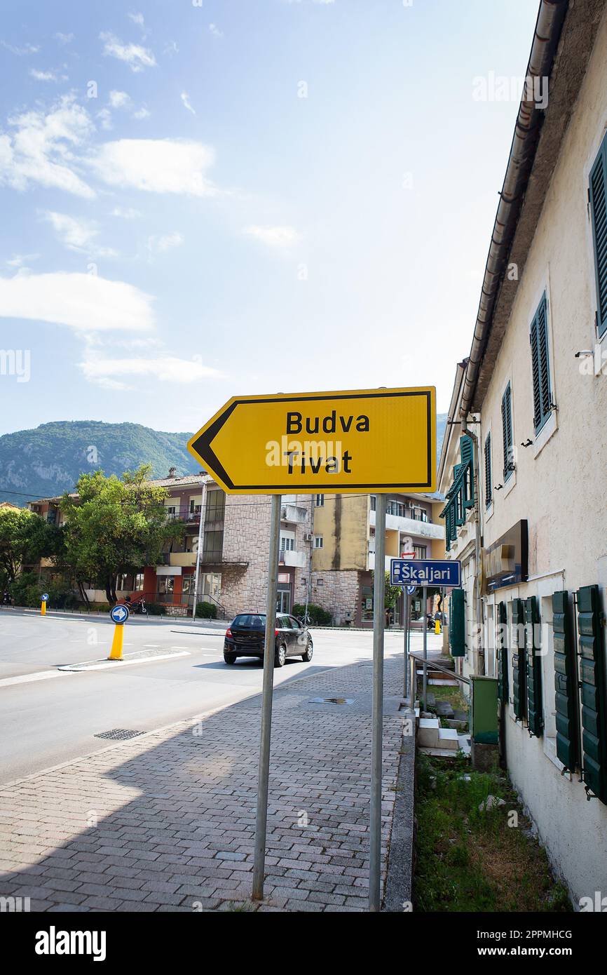 Photo of a road sign with the inscription of the cities of Budva and ...