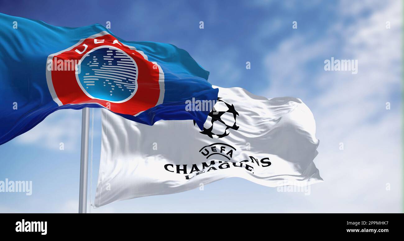 UEFA and UEFA Champions league flag waving together Stock Photo - Alamy