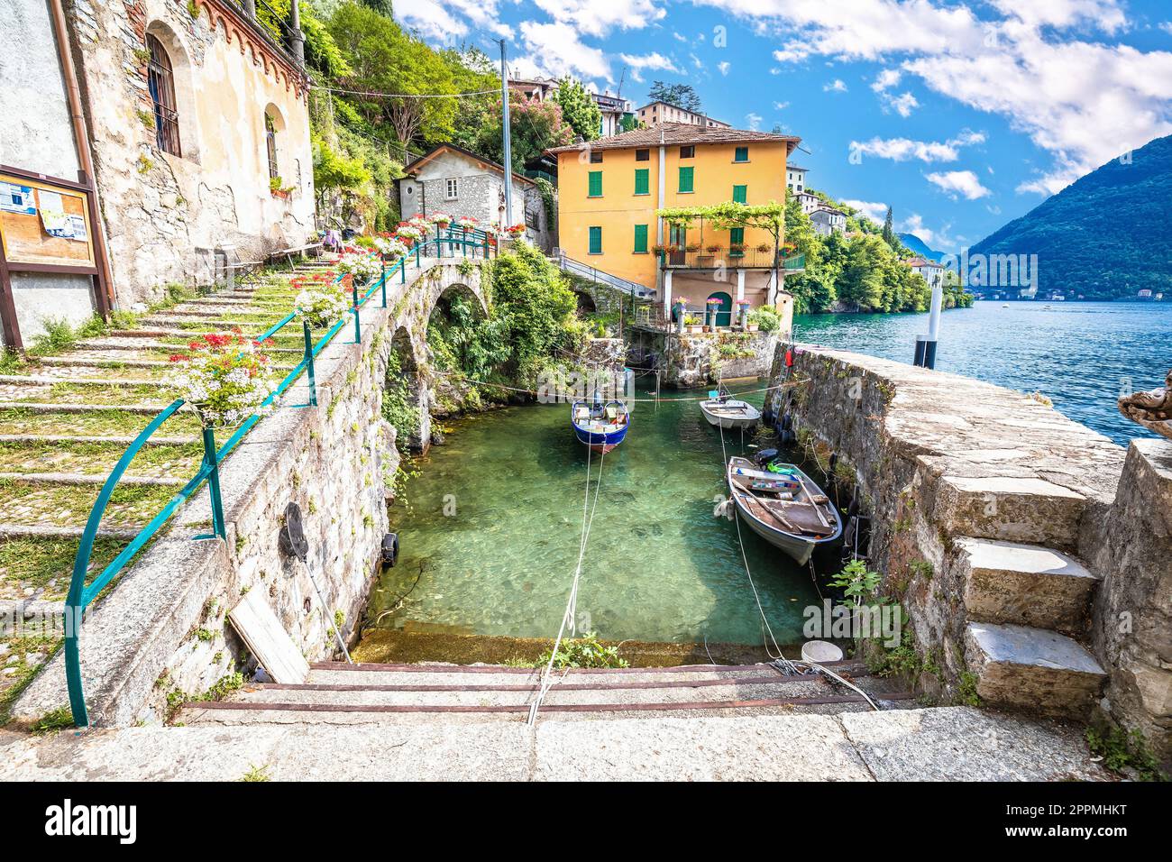 Town of Nesso waterfront and idyllic harbor on Como Lake Stock Photo ...
