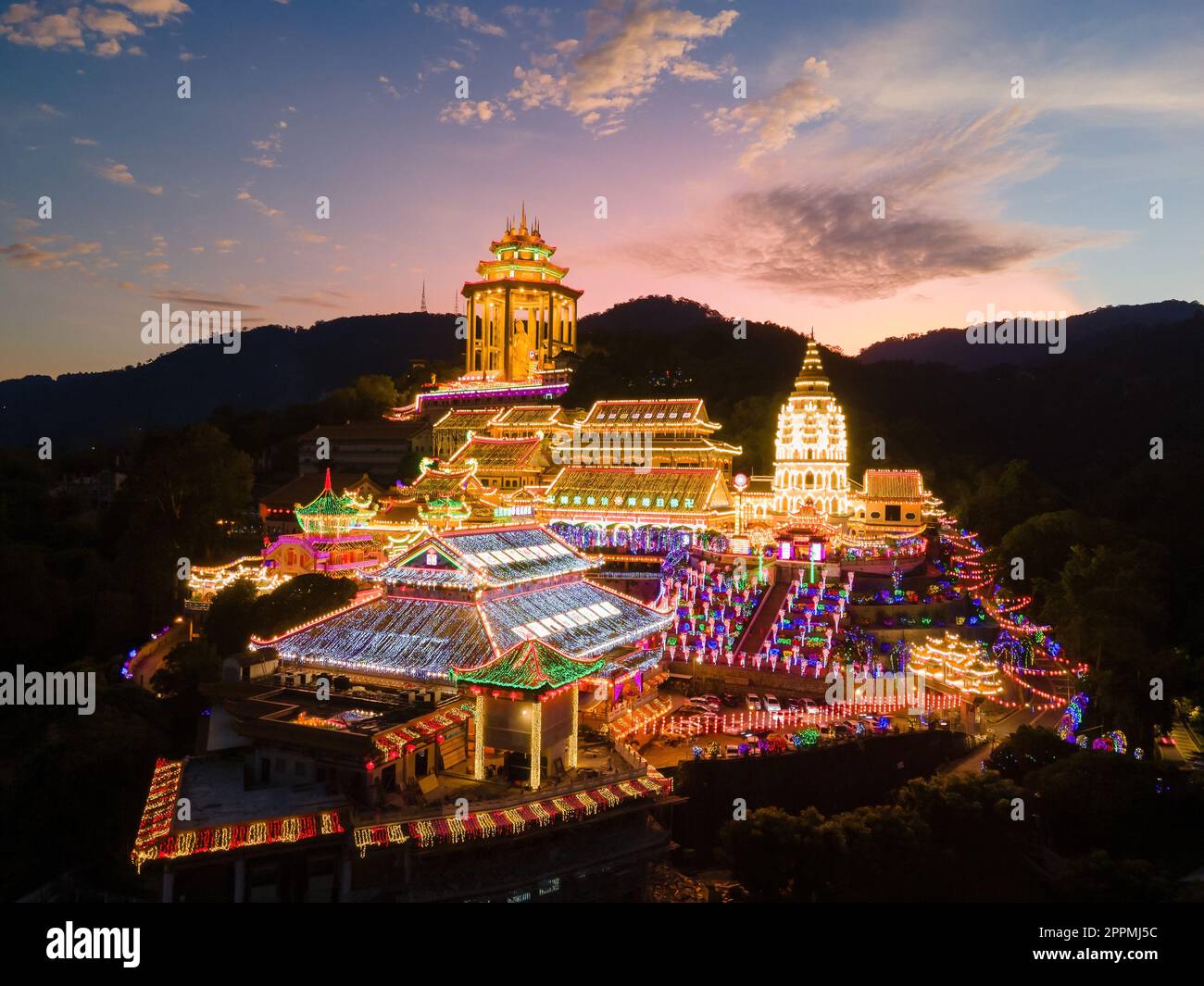 Kek Lok Si temple with beauty led light decoration during sunset hour ...