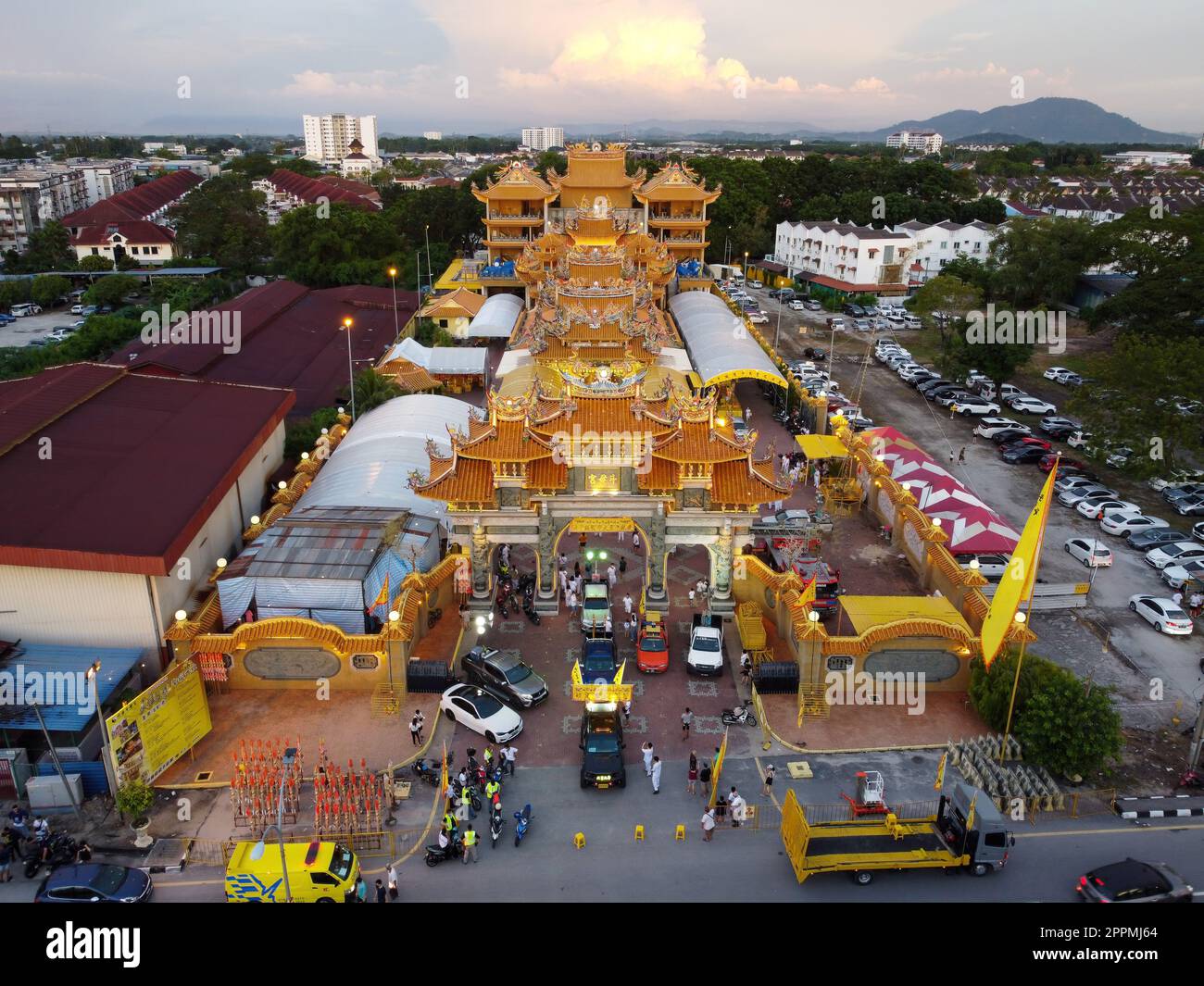 Aerial view facade Jalan Raja Uda Tow Boo Kong Nine emperor temple ...