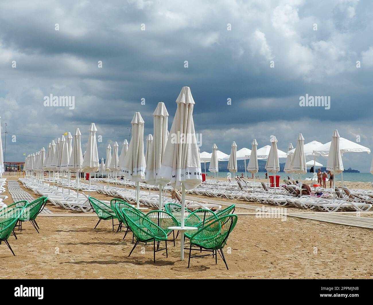 Anapa, Russia, August 15, 2021 Sun loungers and umbrellas on the sandy ...