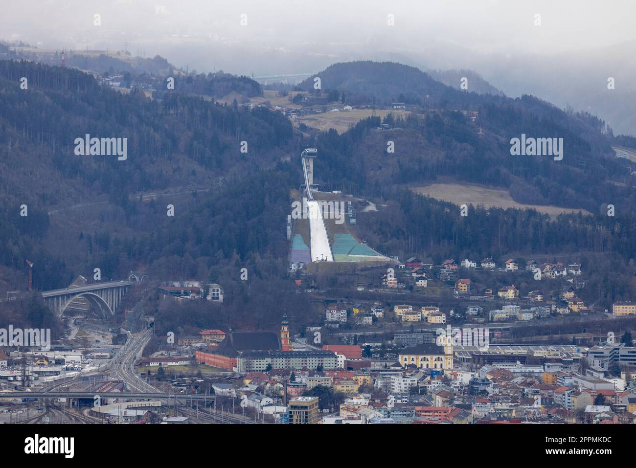 Aerial view of city and Bergisel Ski Jump, Innsbruck, Austria Stock ...