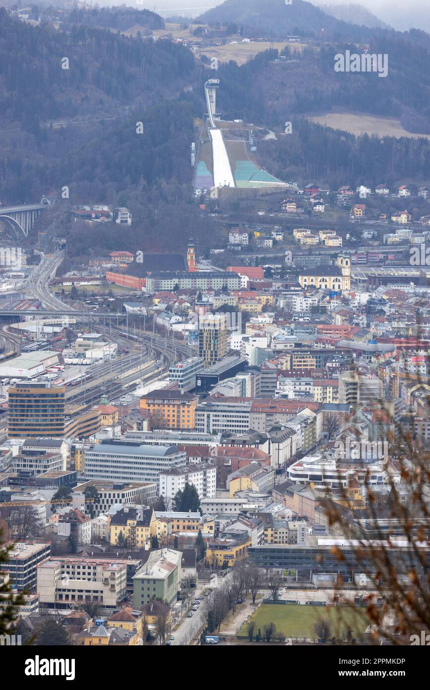 Aerial view of city and Bergisel Ski Jump, Innsbruck, Austria Stock ...