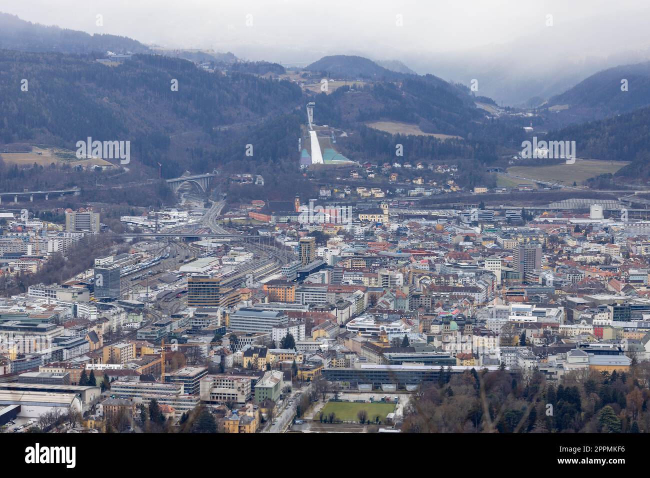 Aerial view of city and Bergisel Ski Jump, Innsbruck, Austria Stock ...
