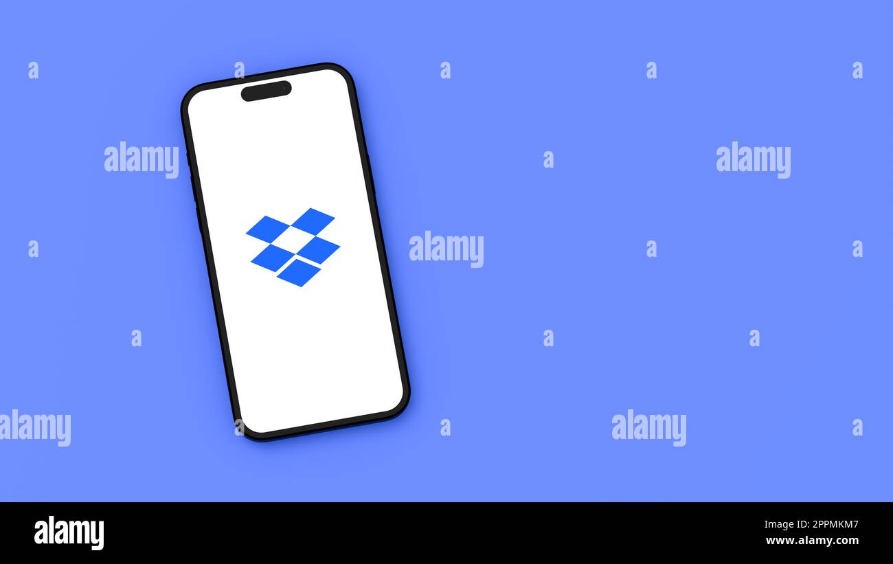 Dropbox Logo on Mobile Phone Screen on Blue Background with Copy Space ...