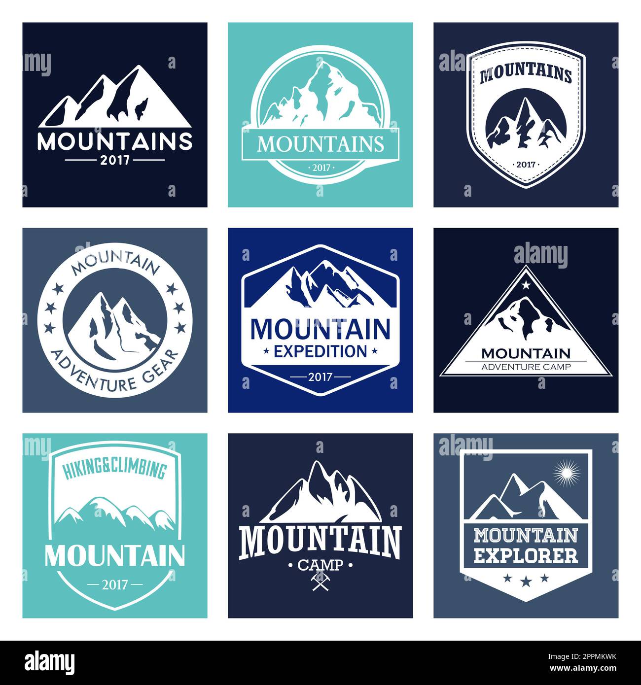 Mountain travel, outdoor adventures logo set. Hiking and climbing ...