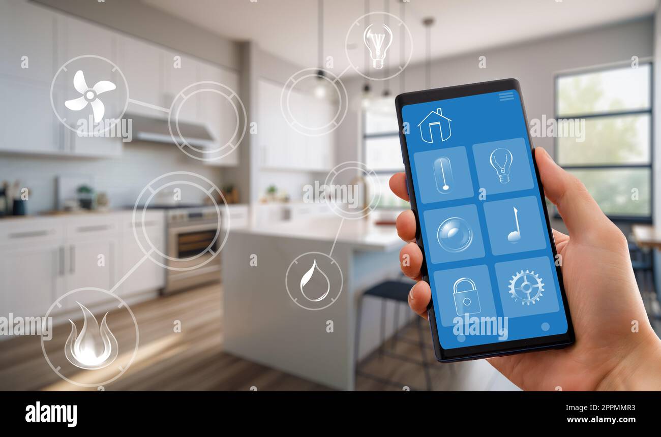 Smart home technology interface on smartphone app. Screen with ...