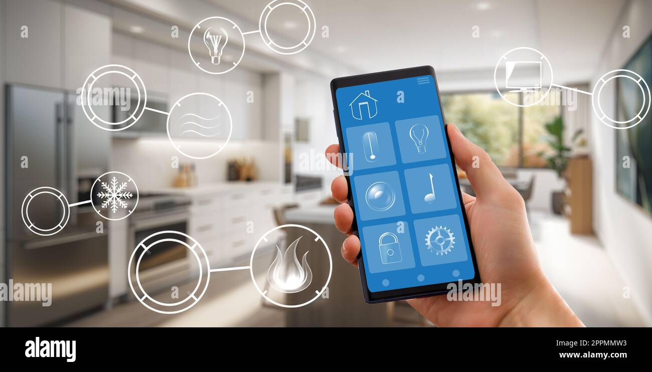 Smart home technology interface on smartphone app. Screen with ...