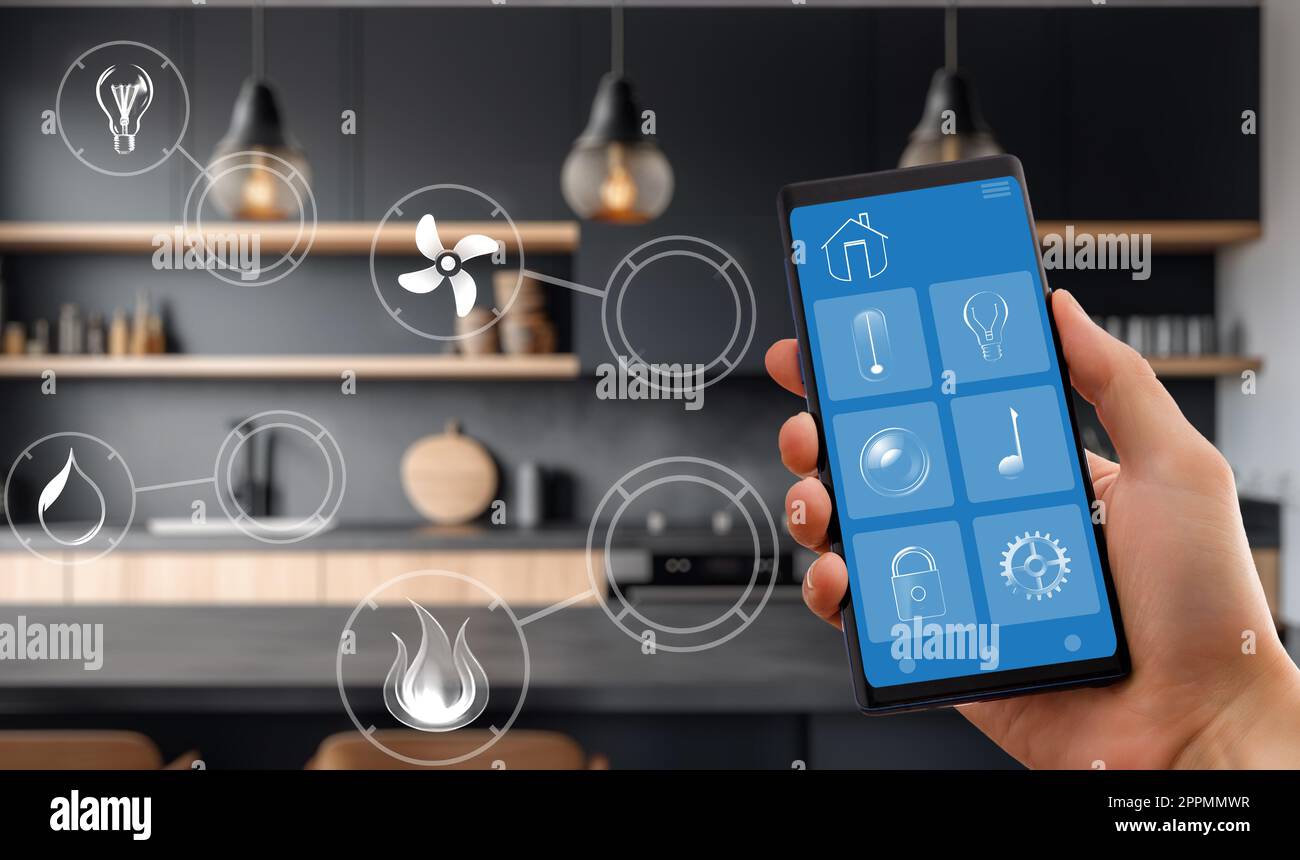 Smart home technology interface on smartphone app. Screen with ...