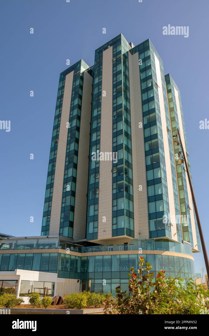 View on one of the most controversial buildings on Lanzarote: the high ...