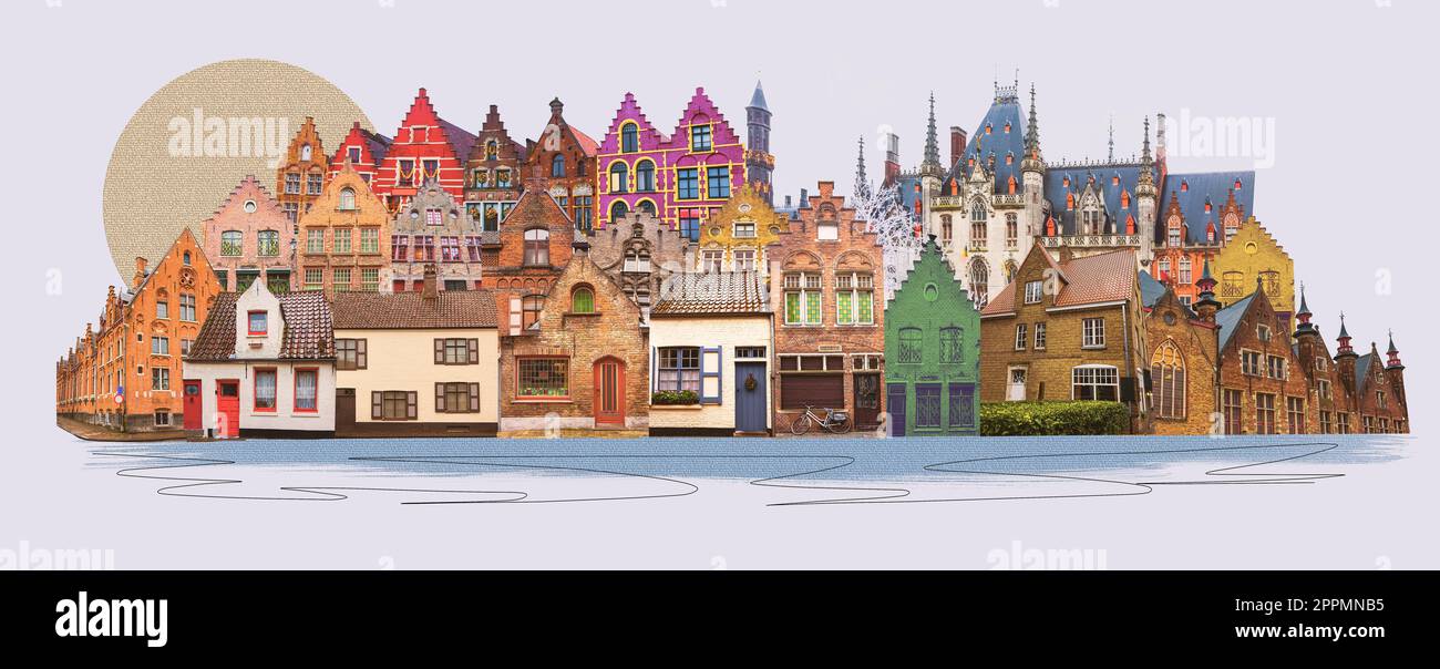 The collage from views of historic medieval buildings along a canal in ...