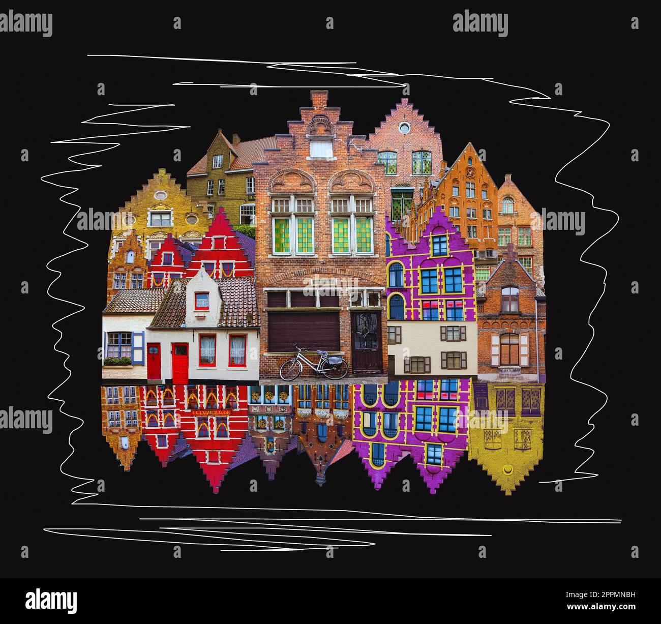 The collage from views of historic medieval buildings along a canal in ...