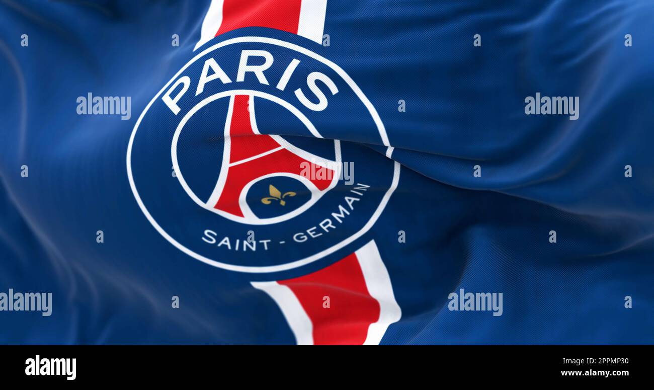Detail of the flag of Paris Saint Germain football club waving in the ...