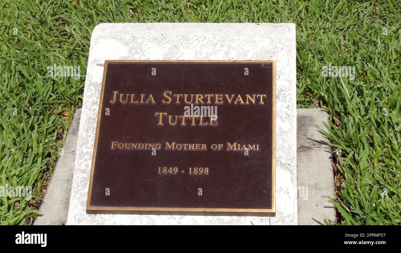 MIAMI, Florida - Mar 04, 2017: Memorial plaque on the statue of Julia Tuttle in Bayfront Park ...