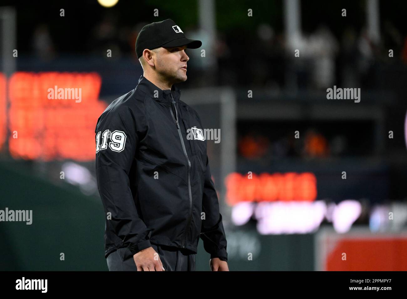 Umpire Brock Ballou looks on during a baseball game between the ...