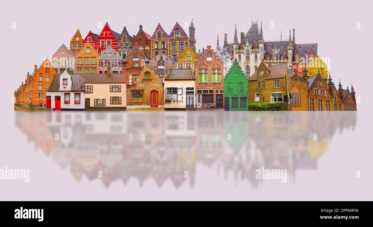 The collage from views of historic medieval buildings along a canal in ...