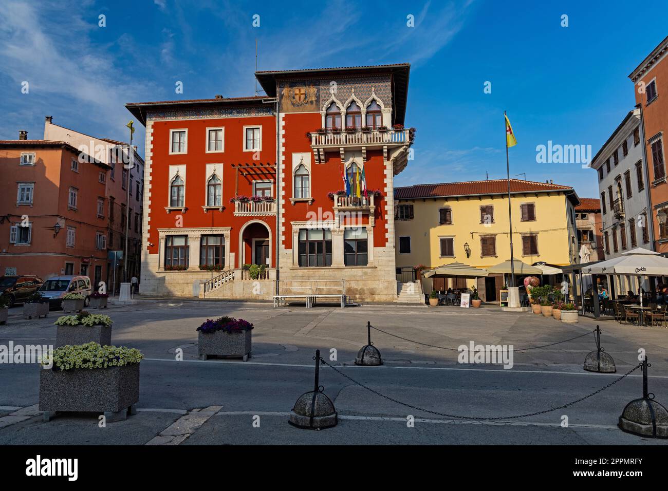 folk square with beautiful red town hall in Vodnjan in Croatia Stock ...