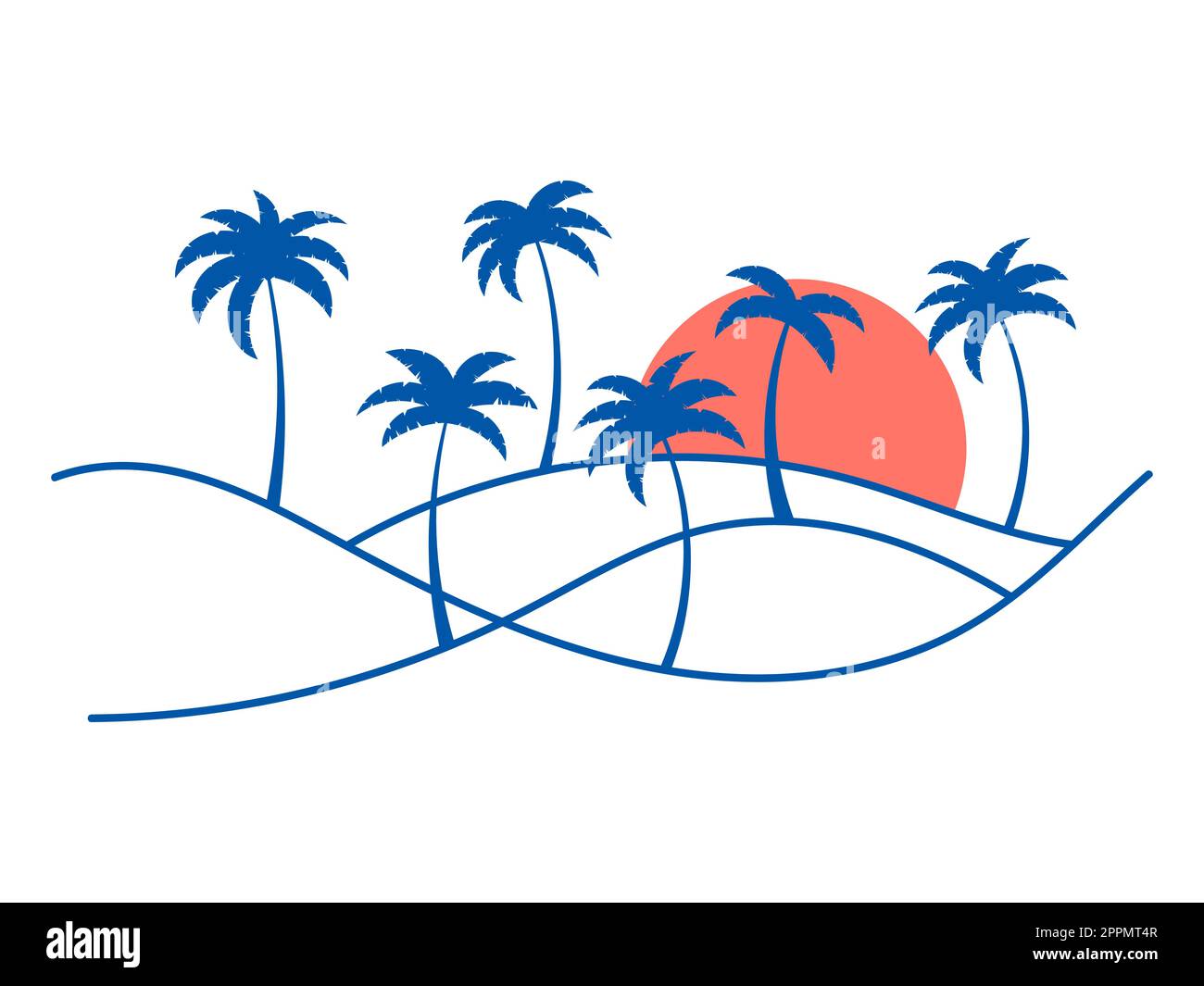 Line landscape outline with palm trees and rising sun on a white ...