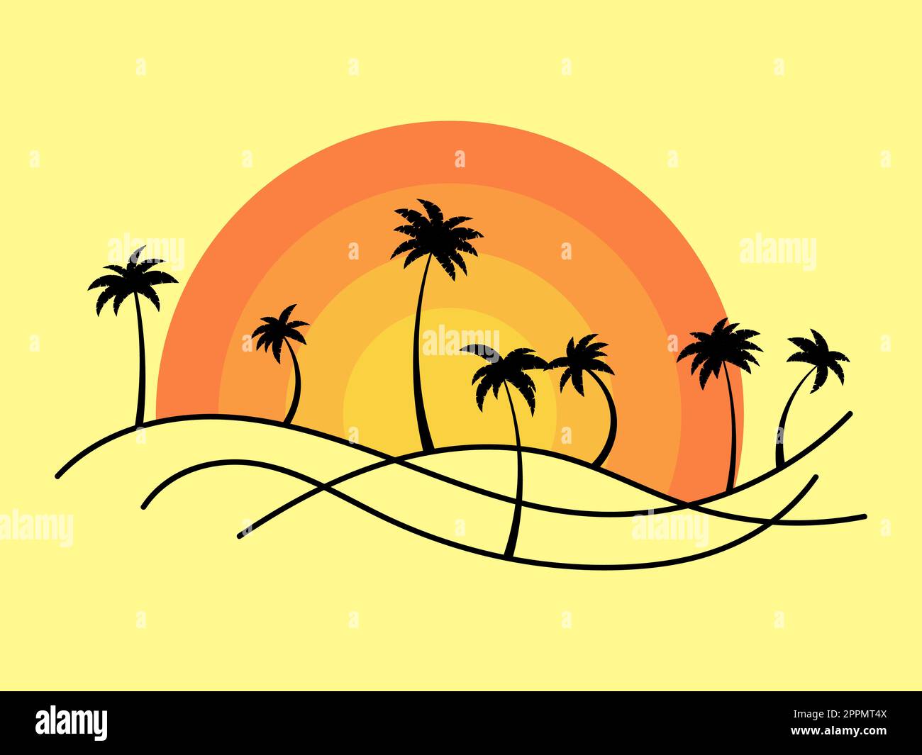 Line landscape outline with palm trees and rising sun on a yellow ...
