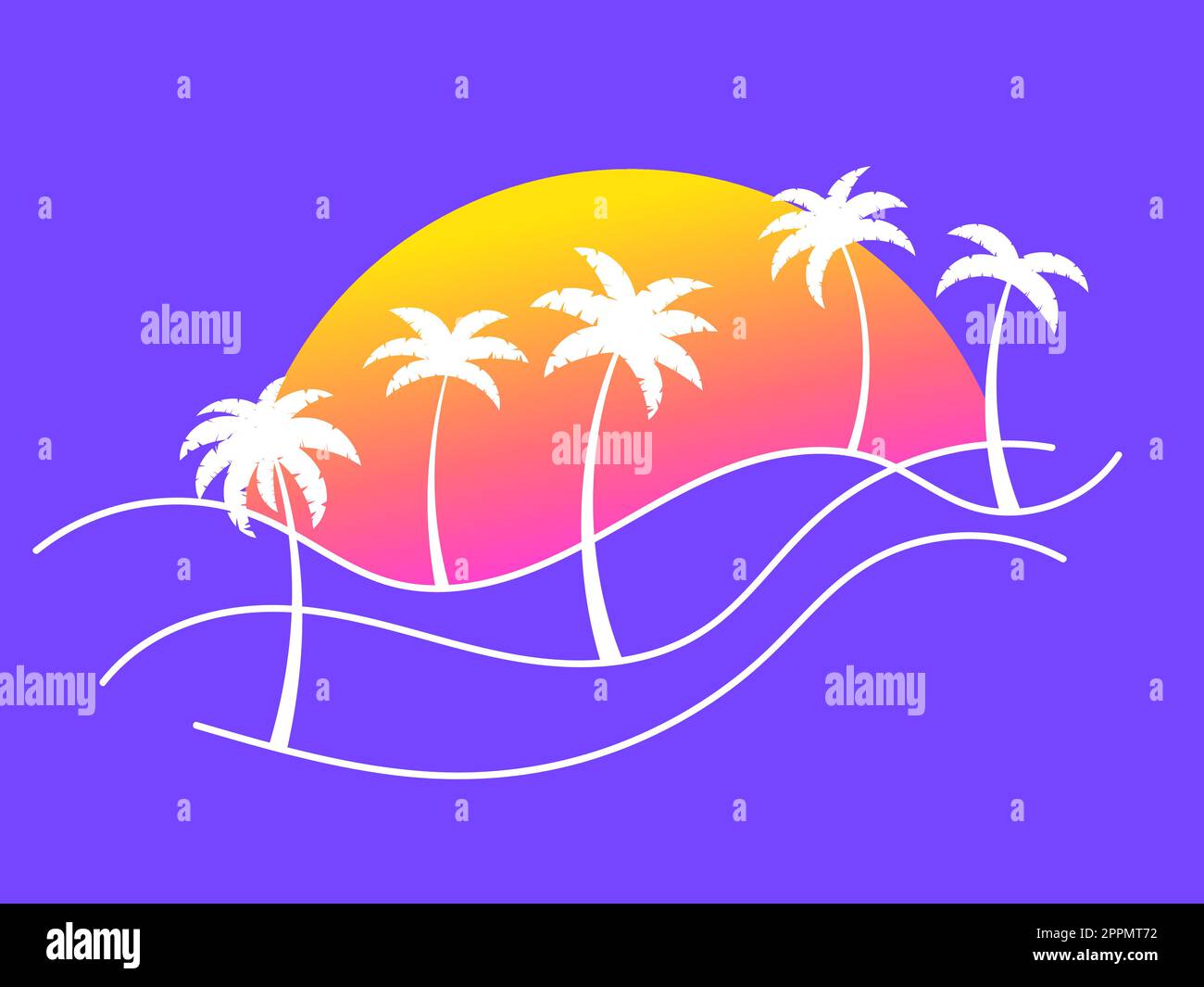 Line landscape outline with palm trees and rising sun on a violet ...