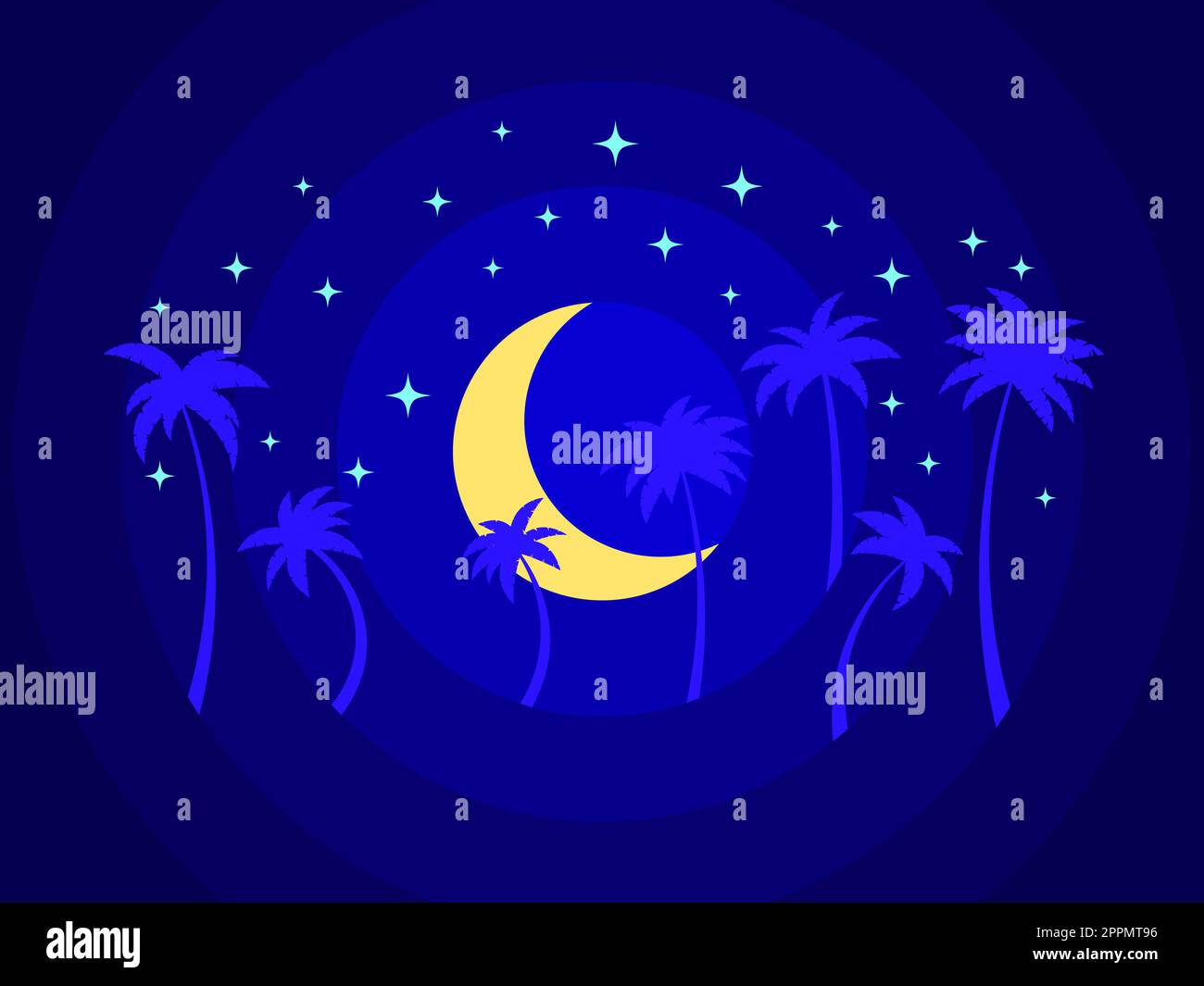 Moon and palm trees in paper cut style. Tropical night landscape with ...