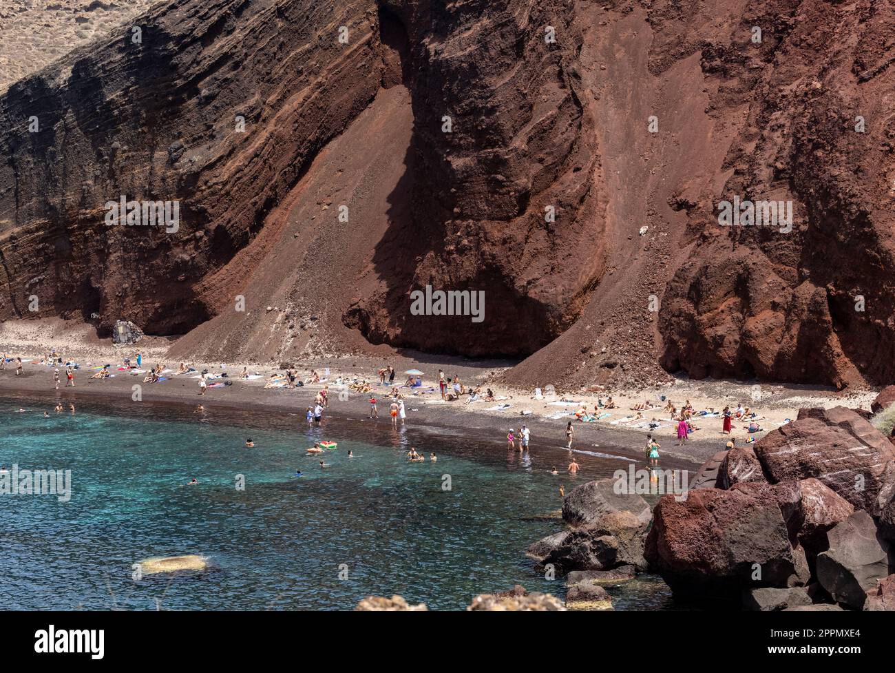 The famous Red beach on the south coast of Santorini island, Cyclades ...