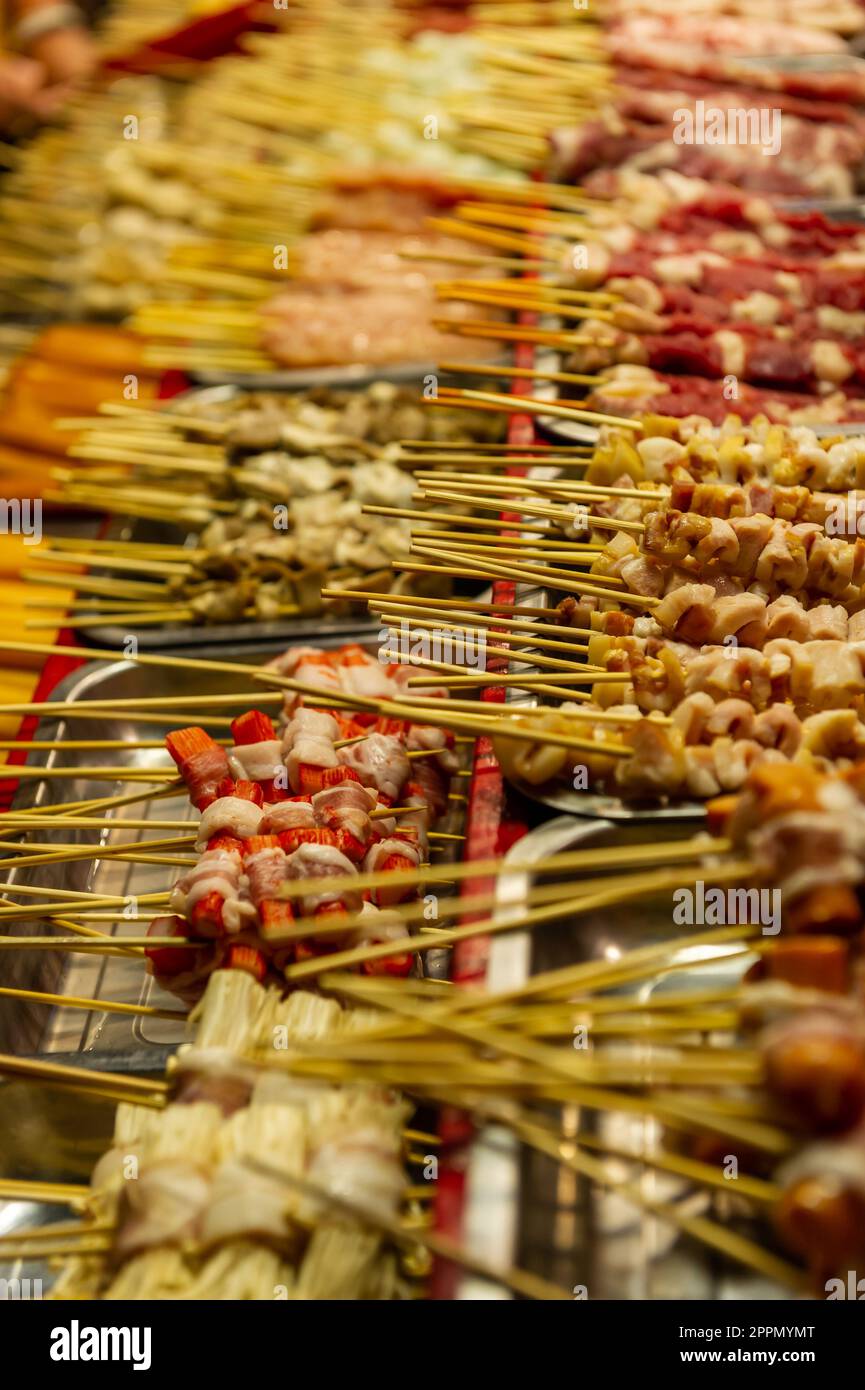 Skewered street food on sale at Jodd Fairs Night Market at Rama iX ...