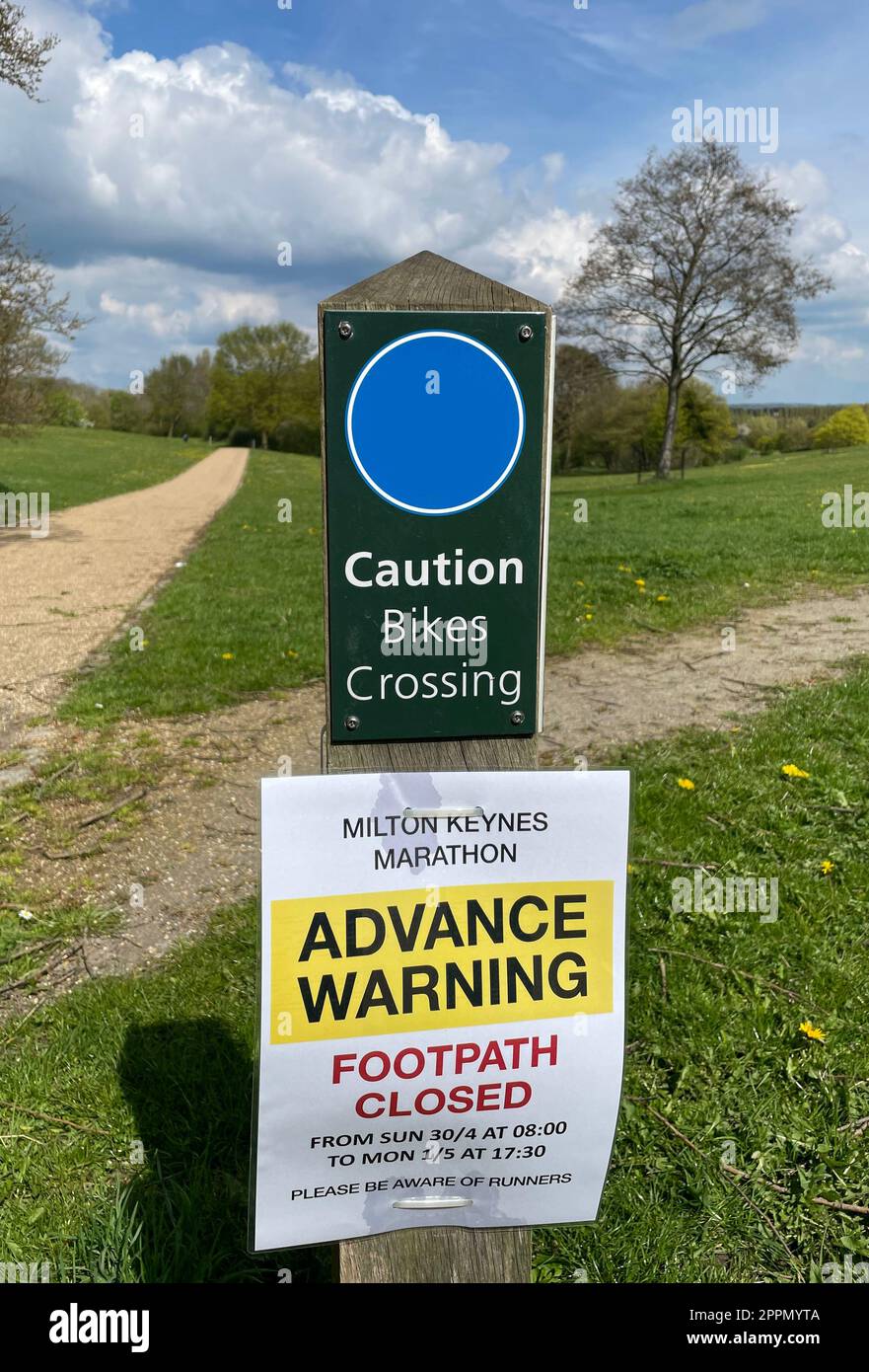 Sign for Milton Keynes Marathon: "Advance warning - footpath closed ...