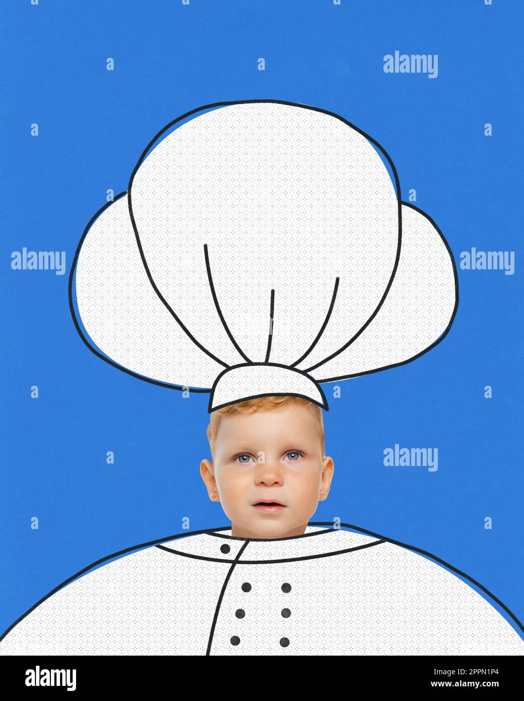 Contemporary art collage with one little cute boy wearing cook overalls ...