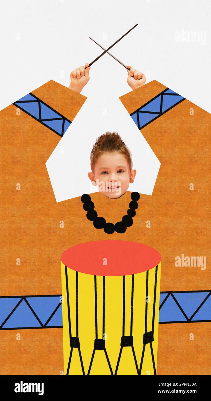 Contemporary art collage with one little boy, musician playing on drums ...