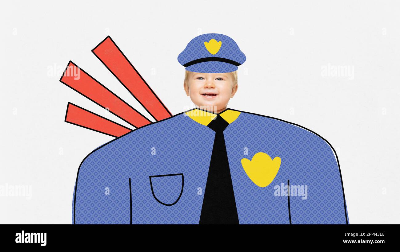 Contemporary art collage with one smiling little boy wearing police ...