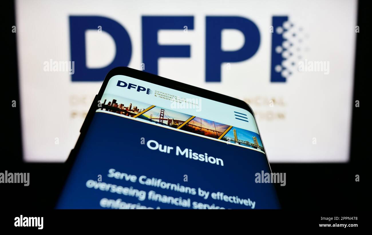 Smartphone with website of Californian department DFPI on screen in ...