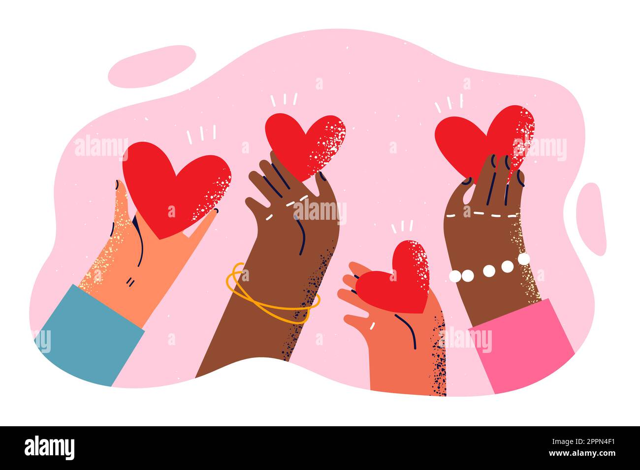 Hearts in hands of people different races symbolize kindness and ...