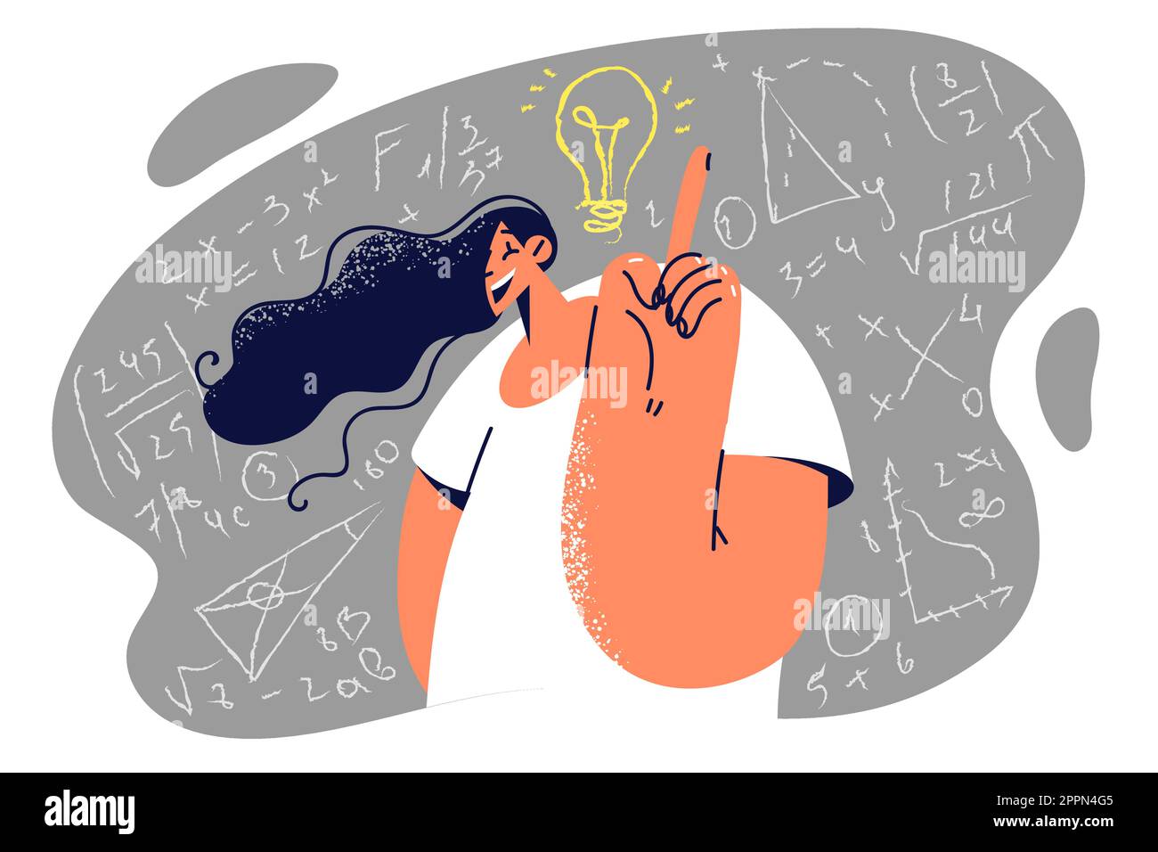 Woman student came up idea stands at blackboard covered with formulas ... Woman student came up idea stands at blackboard covered with formulas ...