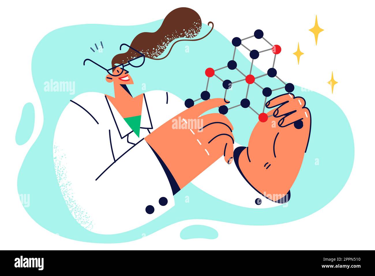 Model of molecular structure in hands of woman scientist engaged in ...