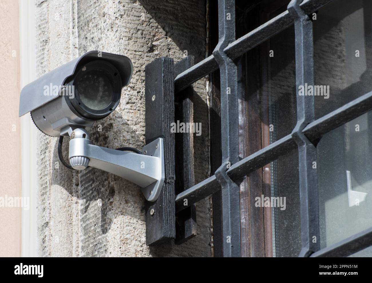 Security with a video surveillance camera at a jailhouse window Stock ...