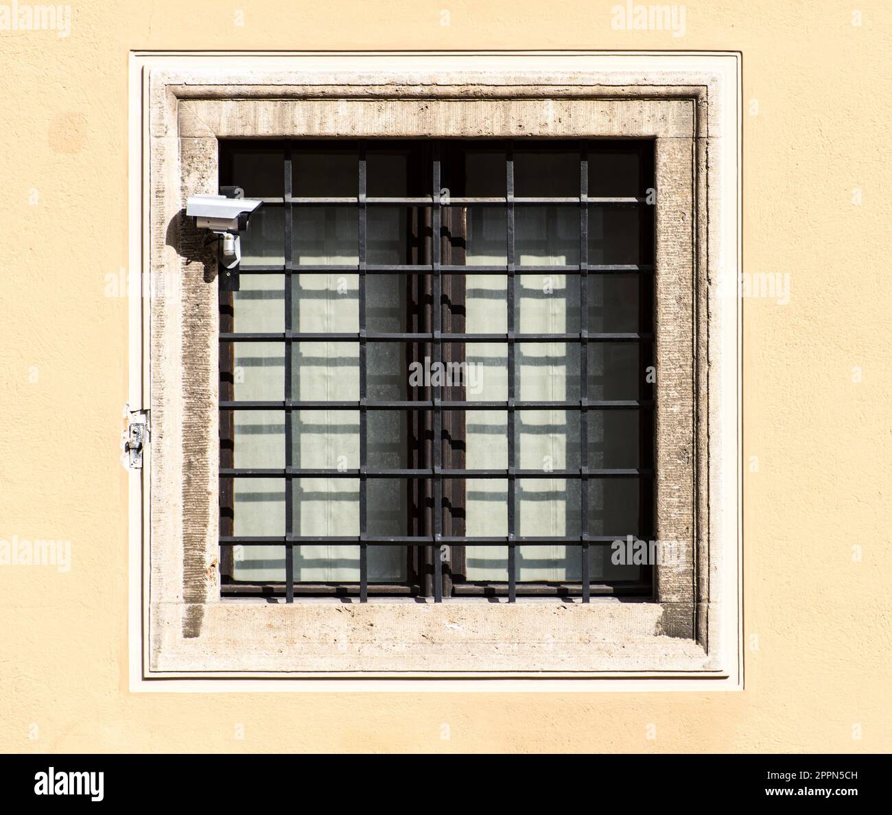 Security with a video surveillance camera at a jailhouse window Stock ...