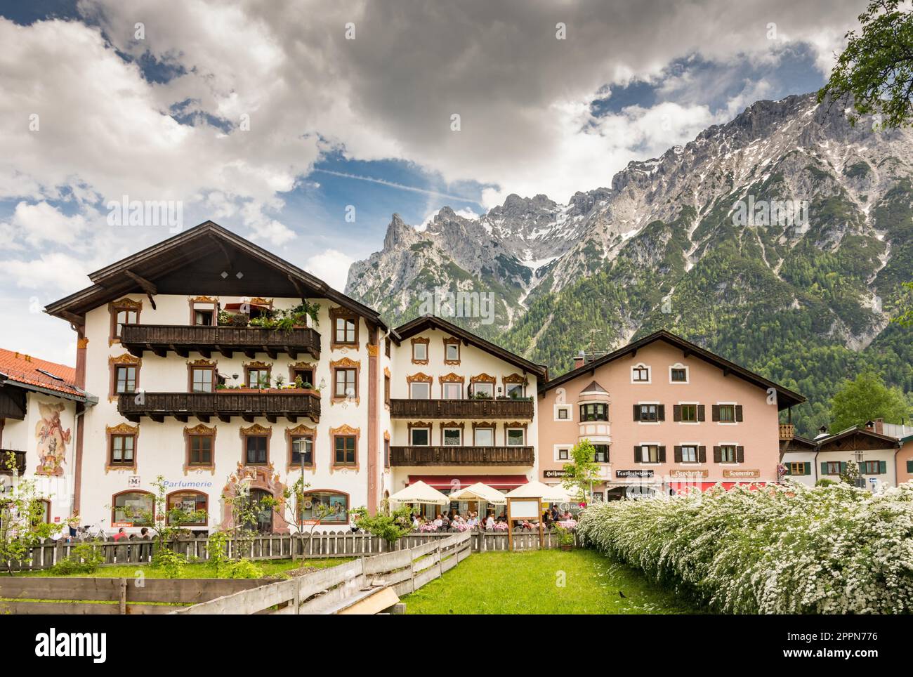 MITTENWALD, GERMANY - MAY 27: Historic houses in the village of ...