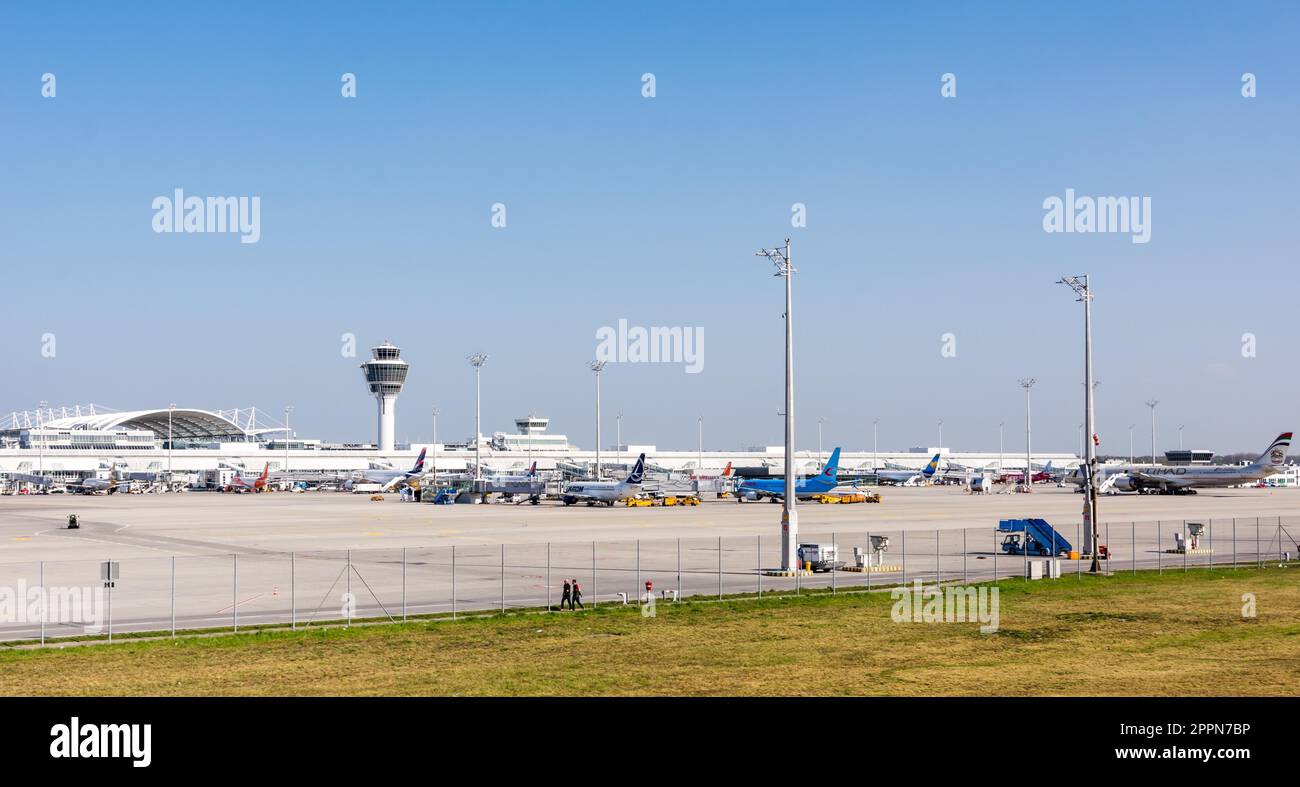 MUNICH, GERMANY - APRIL 9: Planes in parking position at the the ...