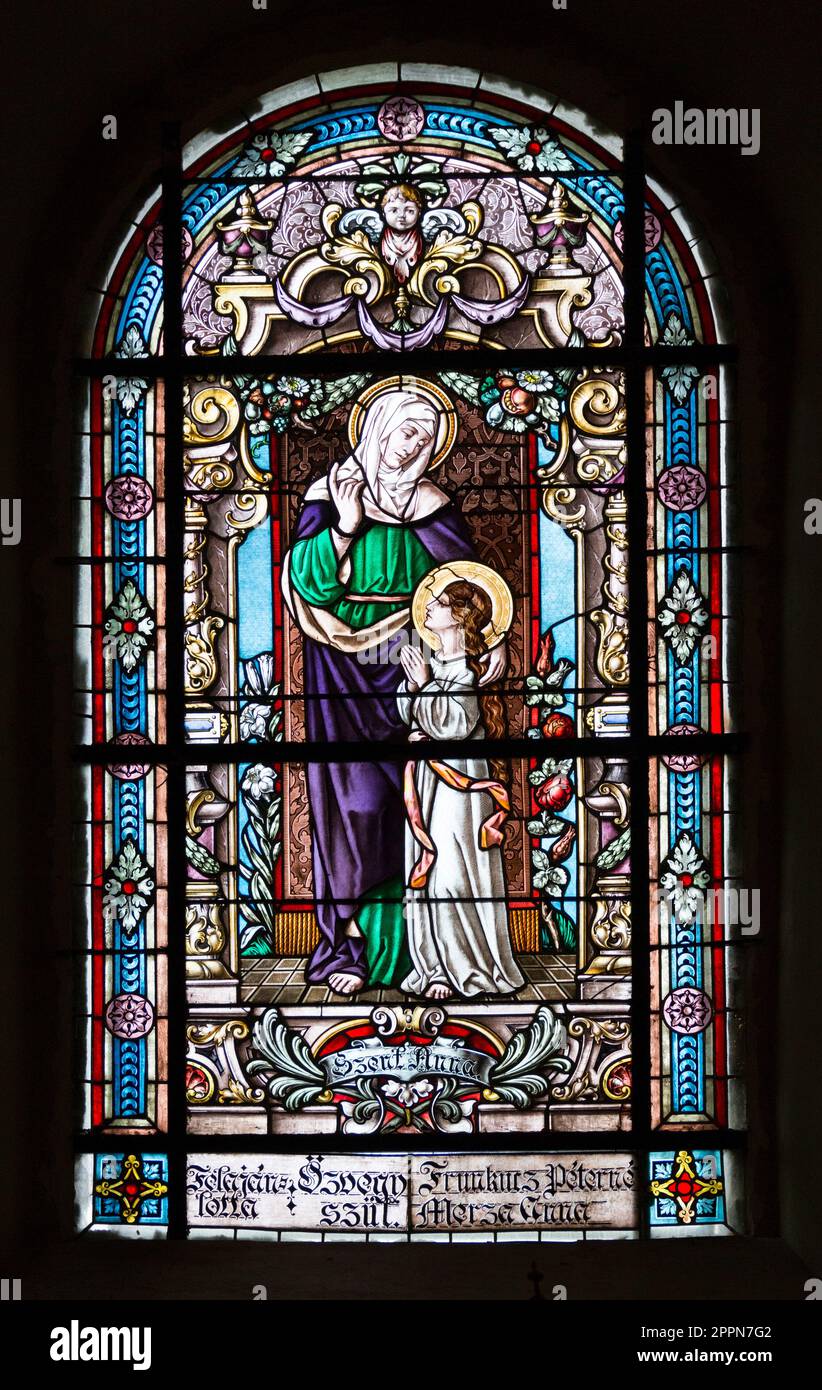 Gheorgheni Romania 28. May 2021. St. Anne. Stained glass window in the ...