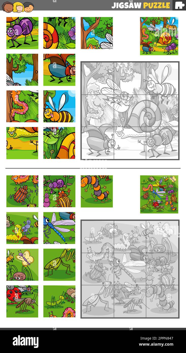 jigsaw puzzle game set with cartoon insect characters Stock Vector ...