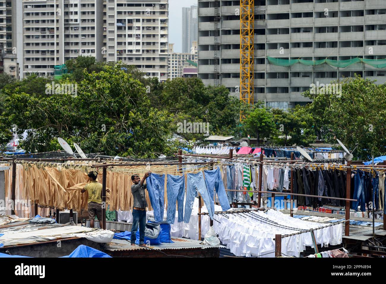 INDIA, Mumbai, slum with laundries of Dhobi Ghat and construction of ...