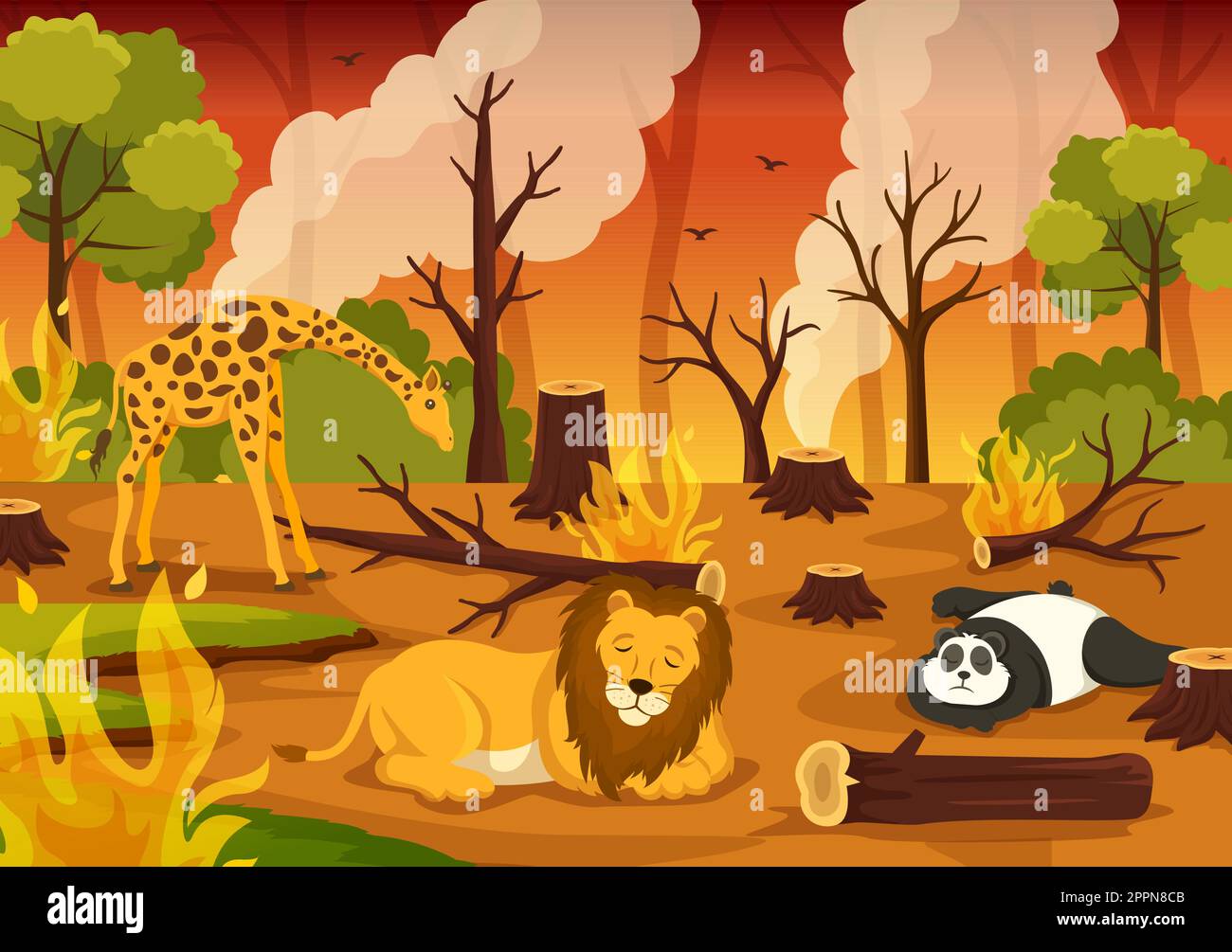 Deforestation Illustration with Tree in the Felled Forest and Burning ...