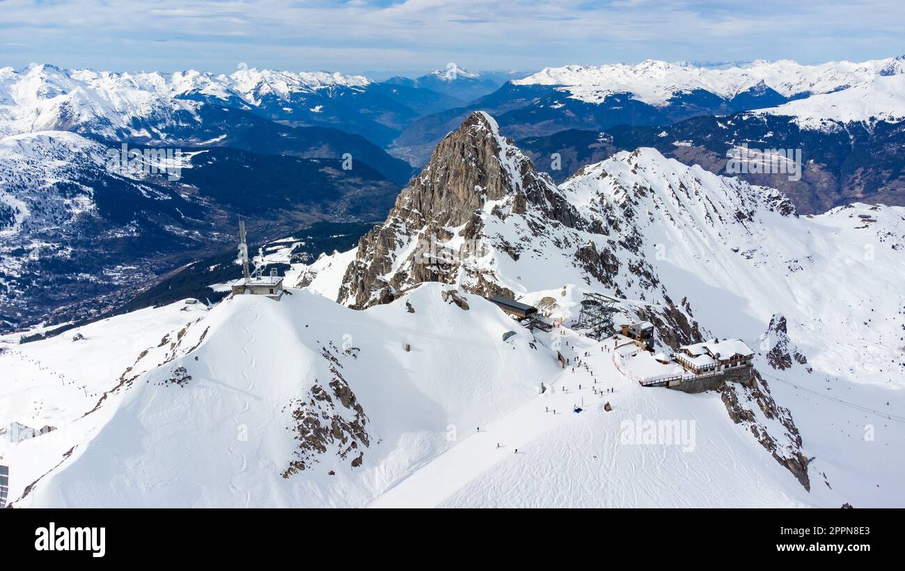 Aerial view of the snowy Dent de Burgin ("Burgin Peak") towering above ...