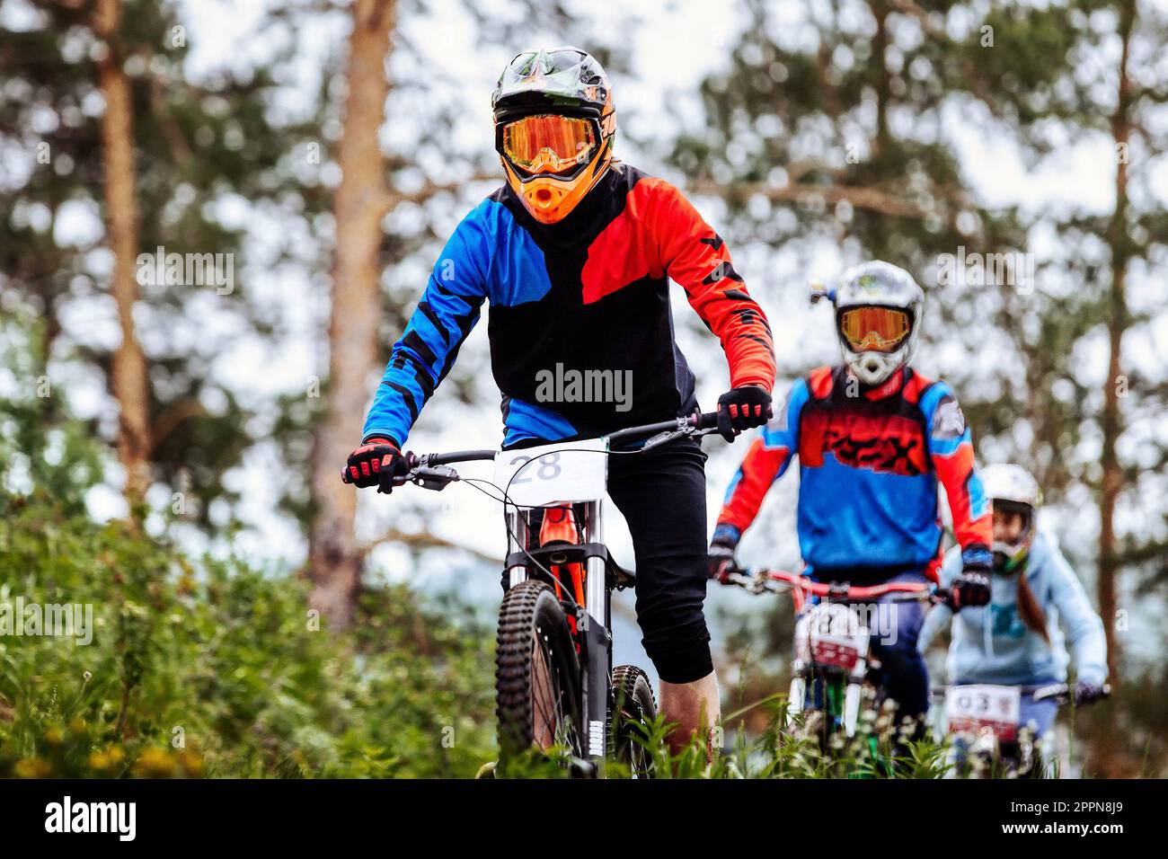 group male racers riding downhill race in pine forest, sports summer ...