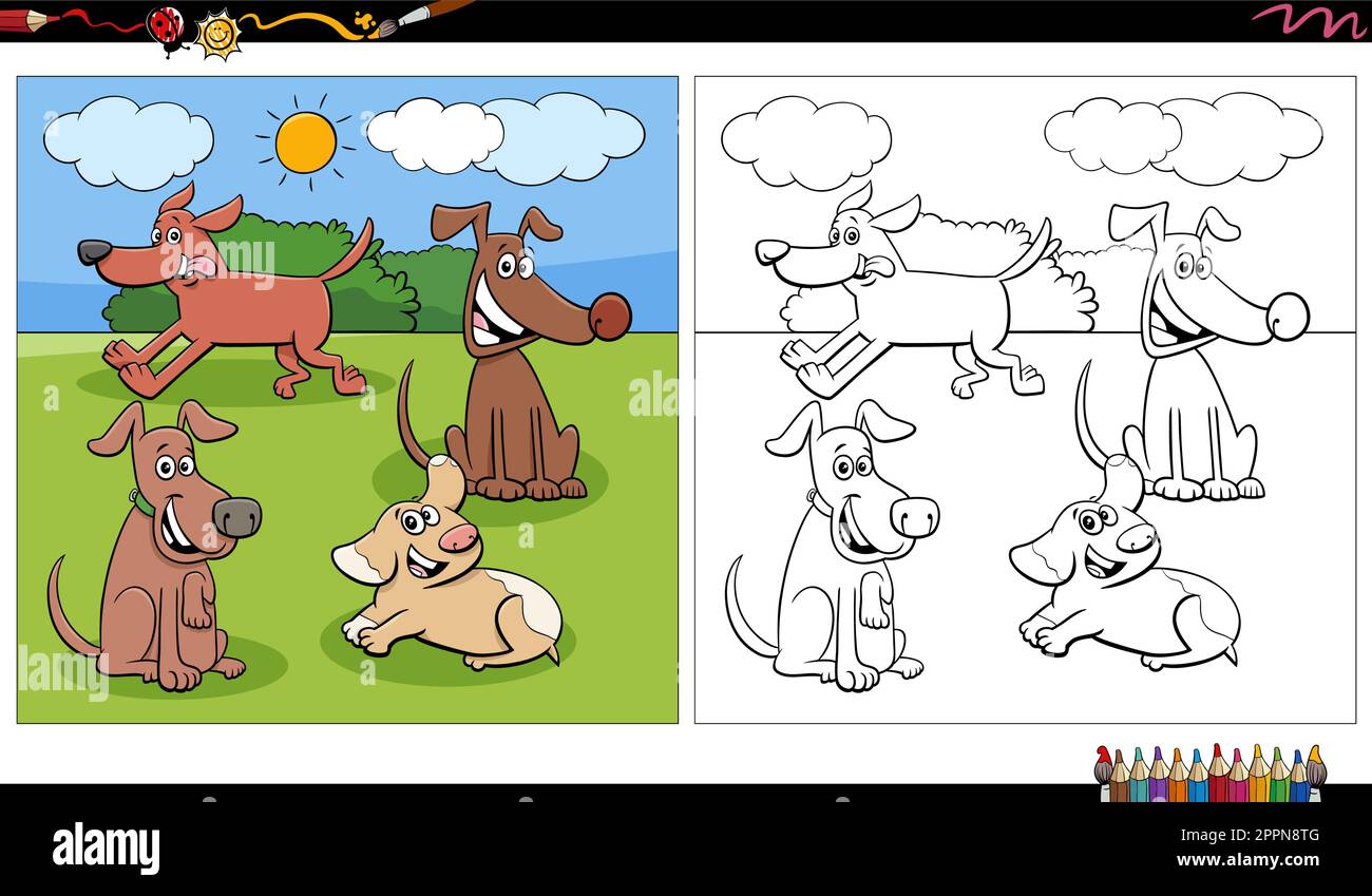 comic dogs characters group in the park coloring page Stock Vector ...